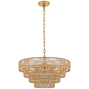 ELYCCUPA 6-Lights Hand-Woven Rattan Pendant Light 4 Round Transitional Minimalist Boho Large Pendant Light for Kitchen Island Dining Room Living Room Hallway, Dia 20 Inch, UL Listed