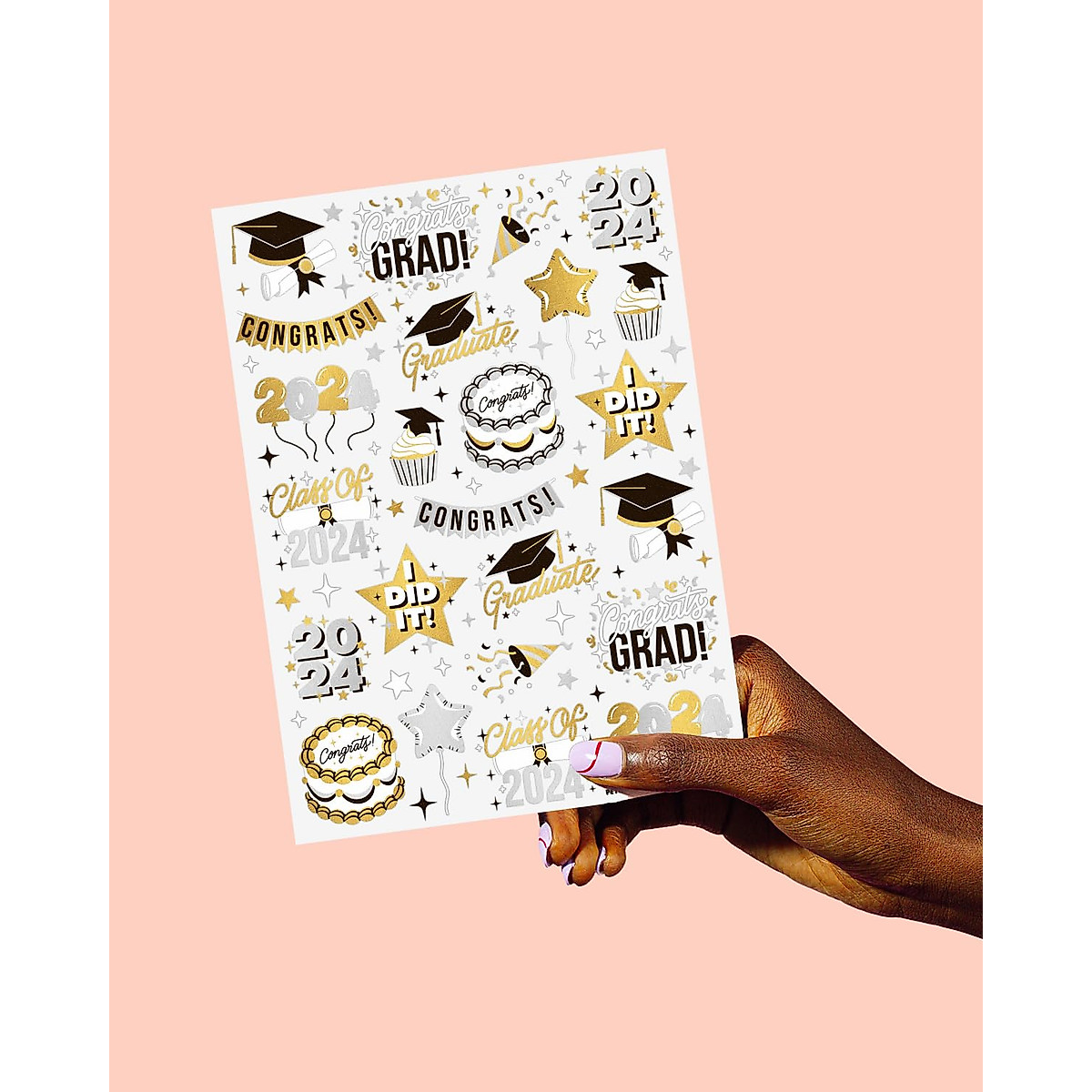 xo, Fetti 2024 Graduation Temporary Tattoos - 48 Foil Styles | New Grad Party Decorations, College Graduate Girls Accessory, High School Senior Gift, Graduation Cap Tassel Decor, Congrats Grad Favor