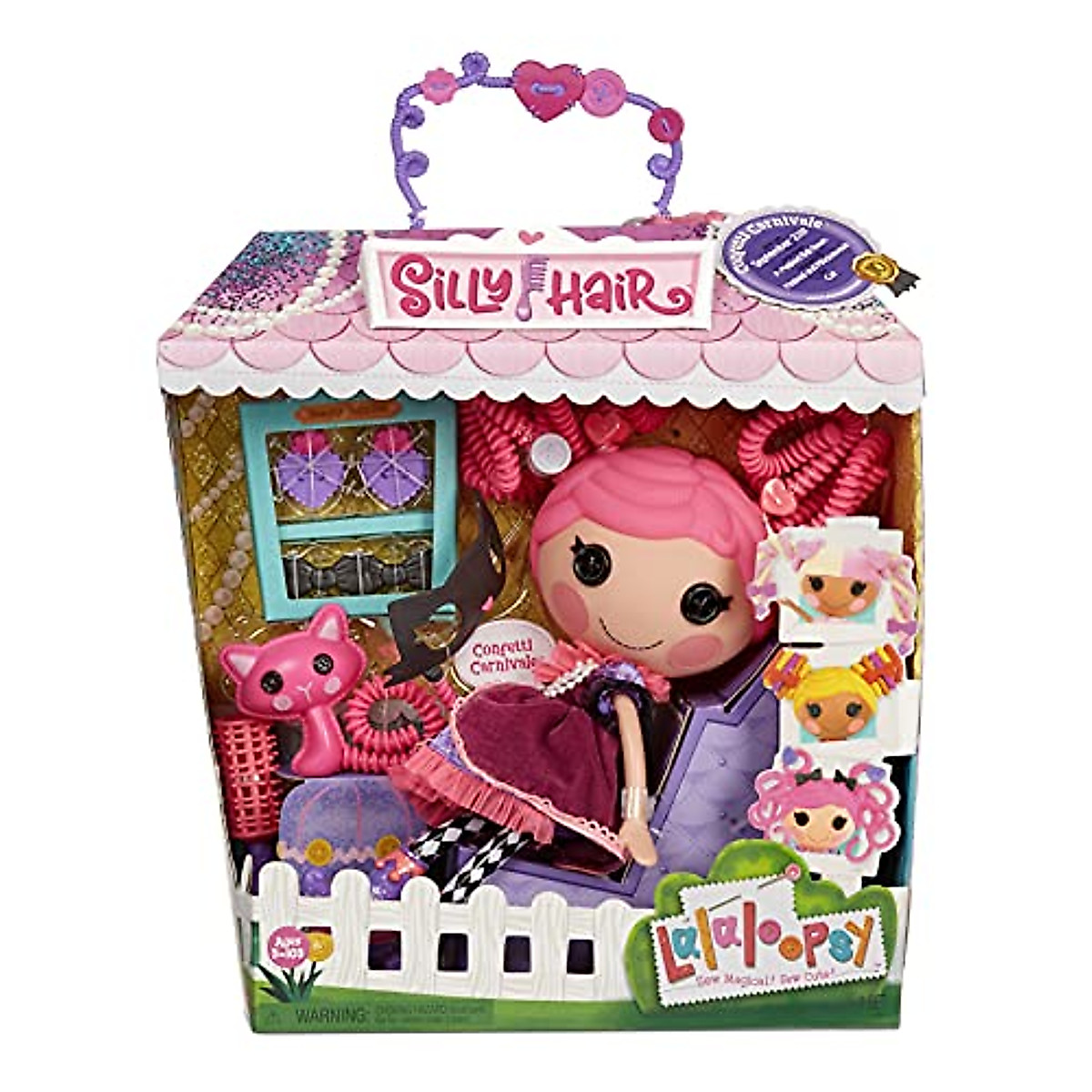 Lalaloopsy Silly Hair Doll - Confetti Carnivale with Pet Cat, 13" Masquerade Ball Party Theme Hair Styling Doll with Pink Hair & 11 Accessories in Reusable Salon Package playset, for Ages 3-103