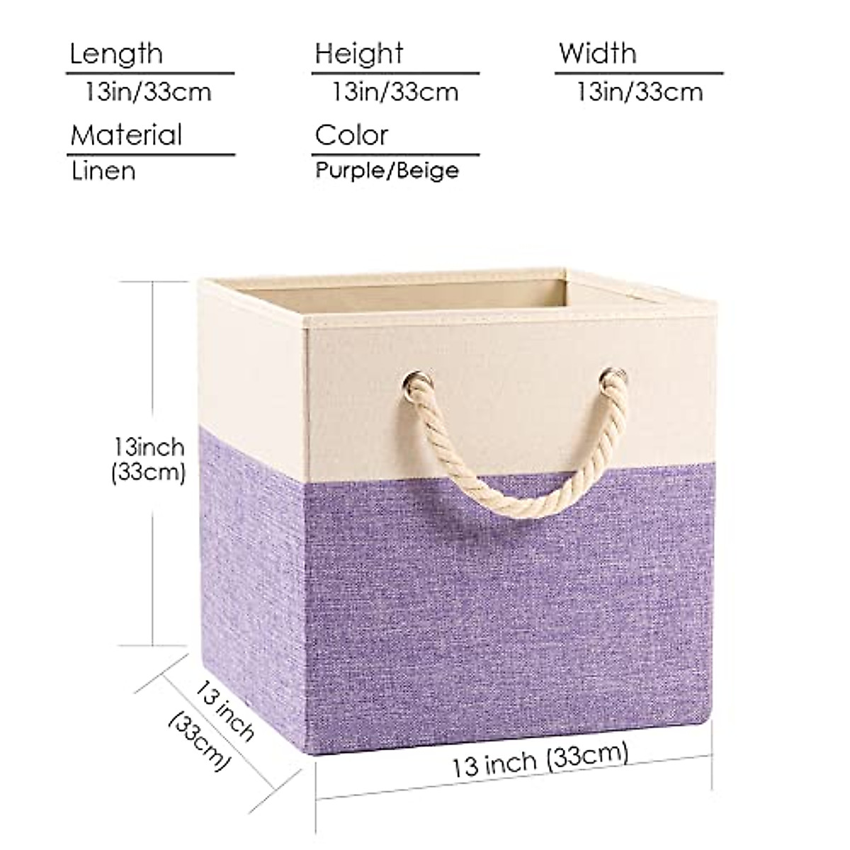PRANDOM Large Foldable Cube Storage Bins 13x13 inch [4-Pack] Fabric Linen Storage Baskets Cubes Drawer with Cotton Handles Organizer for Shelves Nursery Closet Bedroom Purple