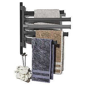 Little World Swivel Towel Rack, 5-Arm Towel Holder Wall Mounted Towel Racks for Bathroom, Aluminum Towel Bar Black Space Saving with Hook Bathroom Towel Holder