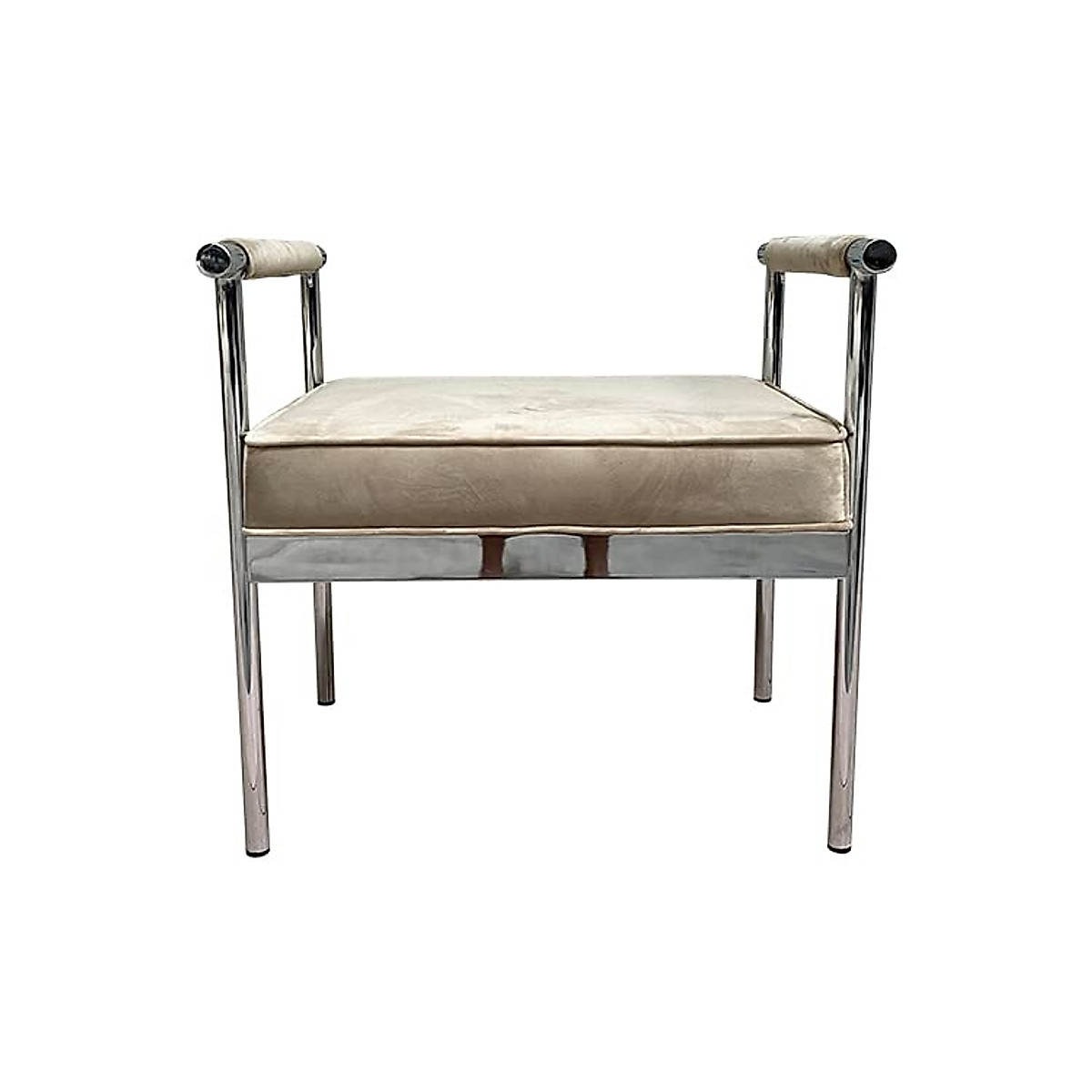 First of a Kind Modern champagne Seating Bench with arms, Modern Style Velvet upholstered Entry Way champagne Bench with Silver Frame, Seating Bench for Living Room, entryway, Bedroom, Vanity, Office.