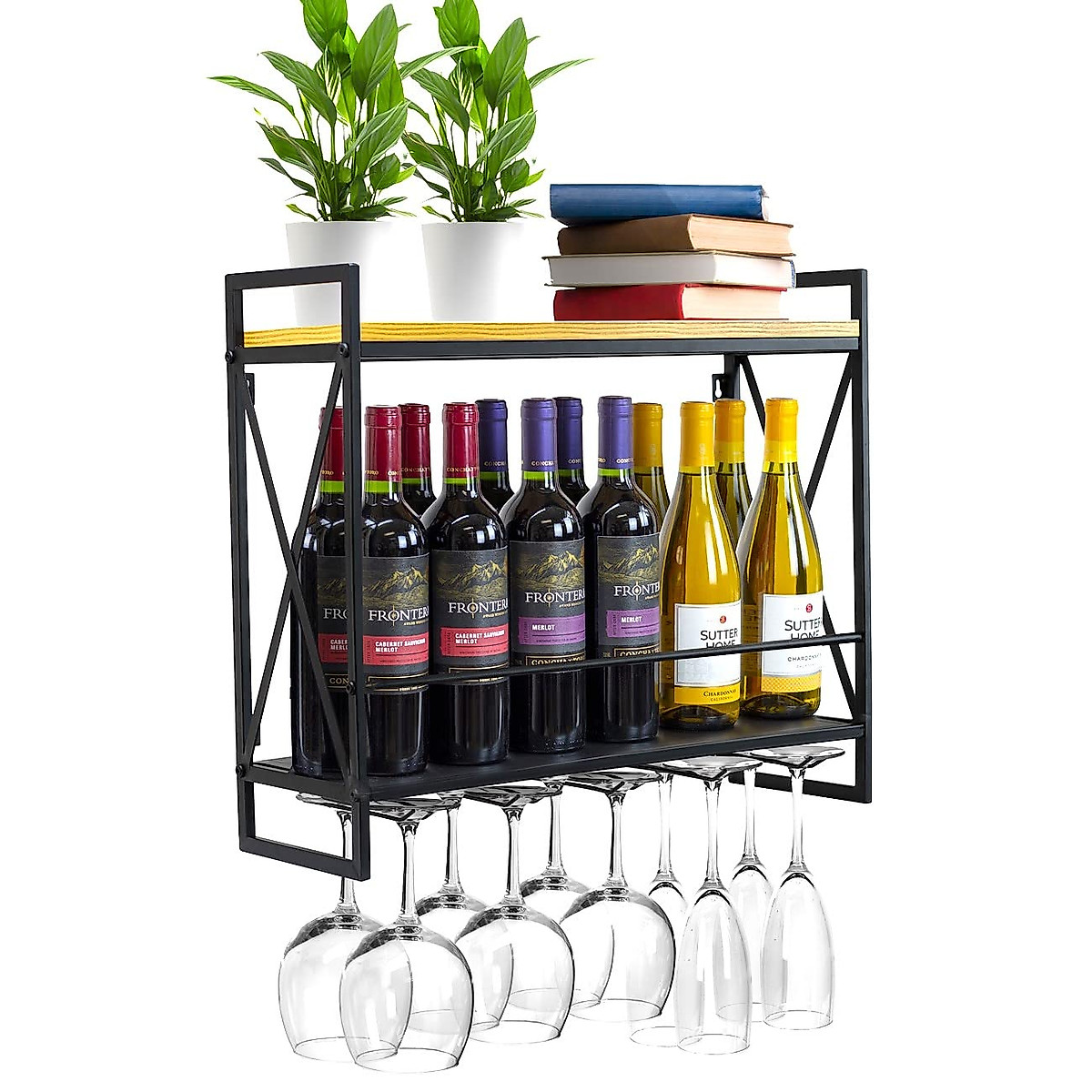 Sorbus Wine Bottle Stemware Glass Rack, Industrial 2-Tier Wood Shelf, Wall Mounted Wine Racks with 5 Stem Glass Holders for Wine Glasses, Flutes, Mugs, Home Décor, Metal