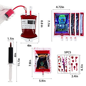 Halloween Blood Bags Party Supplies - 40PCS Blood Bags for Drinks 30 Reusable Drink Pouches+5 Syringes+5PCS Bloody Tattoos, Blood Bags for Vampire Zombie Costumes Halloween Party Favors Decorations