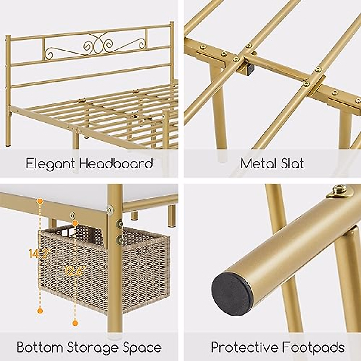 Yaheetech King Size Bed Frame Iron Mattress Foundation with Scroll Design Antique Gold Iron-Art Headboard and Footboard No Box Spring Needed Platform Bed for Beddrooms Guestrooms Dormitories