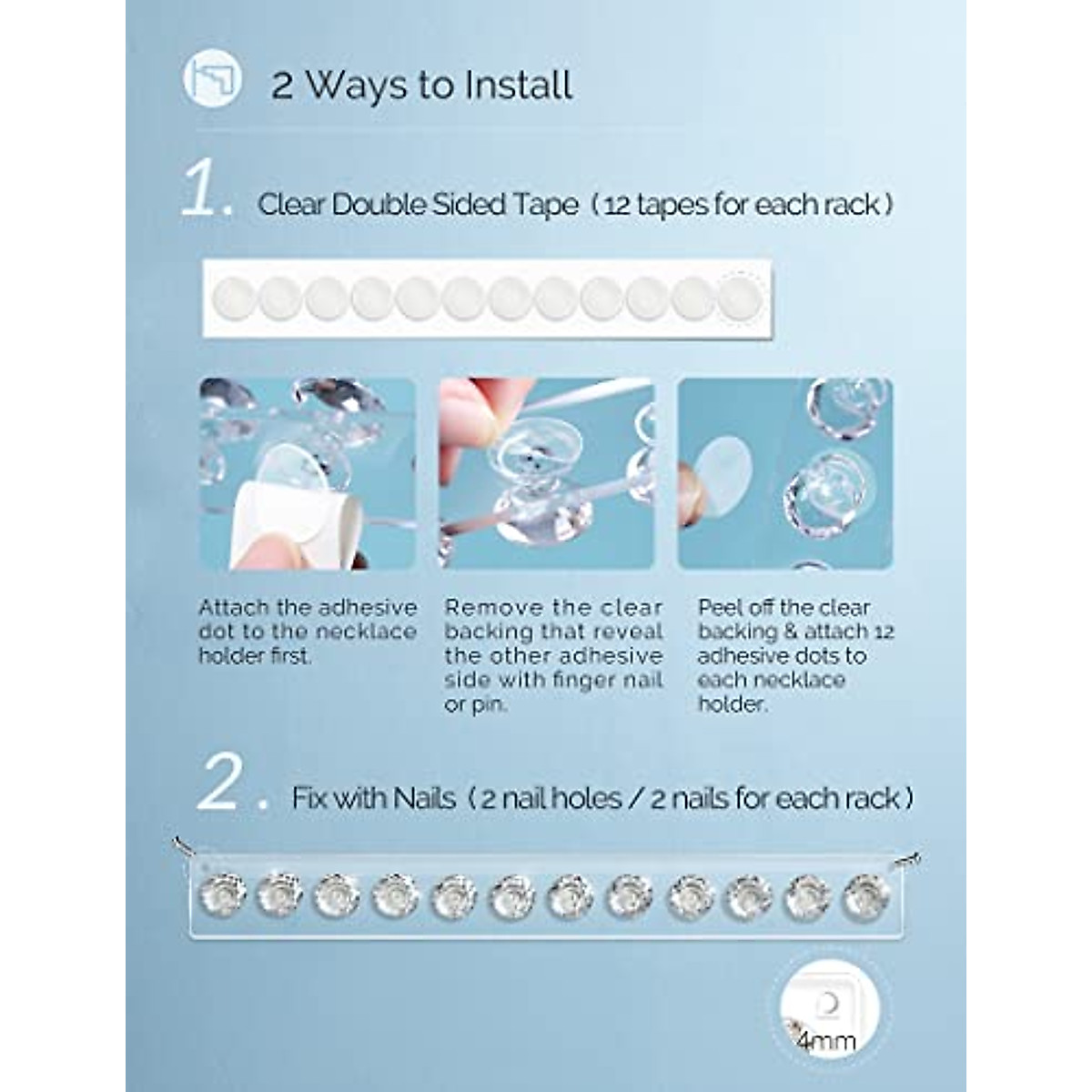 Mymazn 2 Pack Necklace Hangers Acrylic Necklaces Holder Wall Mounted Jewelry Organizer Hanging with 12 Diamond Shape Hooks, Jewelry Hangers for Necklace, Gift for Girls Women