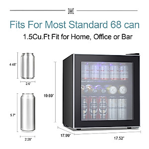 Antarctic Star Mini Fridge Cooler 68 Can Beverage Refrigerator Glass Door for Beer Soda Wine Small Drink Dispenser Clear Front Door Removable for Home, Office or Bar, 1.5cu.ft., Silver