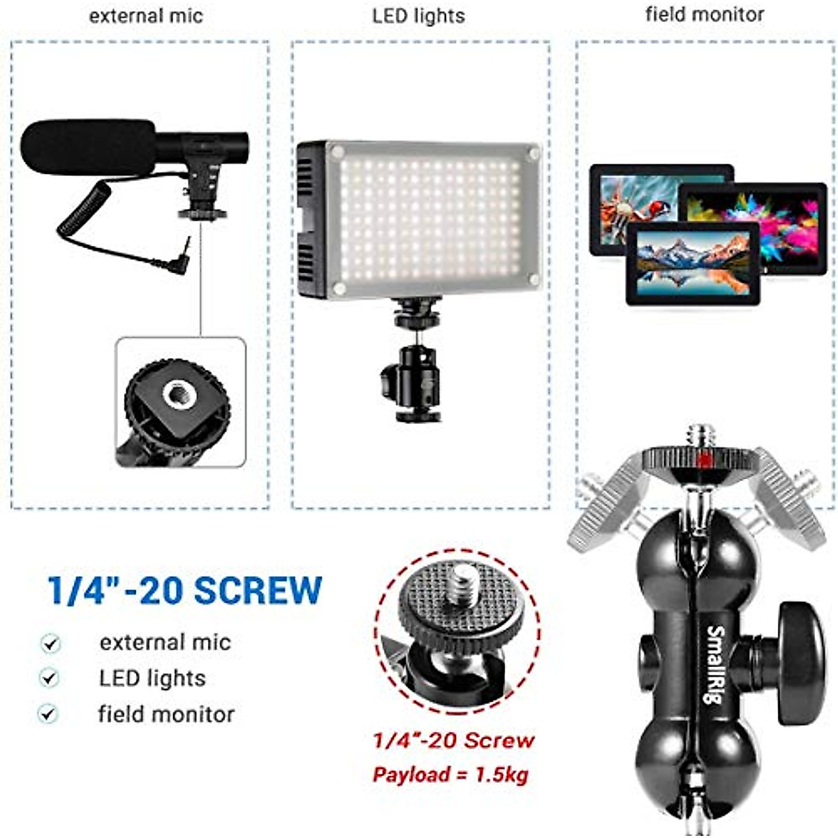 SMALLRIG Super Camera Clamp Mount, Double Ball Head Adapter, Fence Desk Table Mount for Ronin-M/Insta360/Gopro, Ball Head - 1138