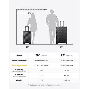 LUGGEX Luggage with Spinner Wheels, Polycarbonate Expandable Hard Shell Suitcase, Checked Large 27 Inch, Charcoal Metallic
