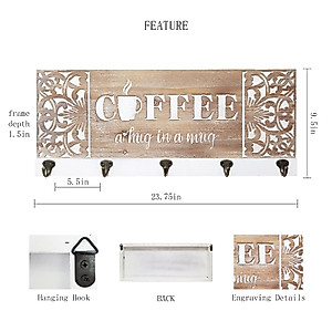 Gatheroad 24" L Vintage Farmhouse Wooden Carved Coffee Sign with 5 Hooks Mugs Rack Tea Cups Holder Wall Mounted Cup Organizer Display for Kitchen, Home, Coffee Bar, Pantry Cabinet