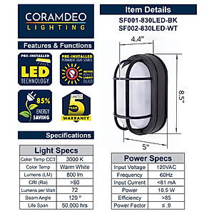 CORAMDEO Outdoor 8.5” Oval LED Nautical Bulkhead Light, Flush Mount for Wall or Ceiling, Wet Location, 75W of Light, 800 Lumens, 3K, Black Cast Aluminum with Frosted Glass Lens