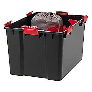 IRIS USA 74 Quart WEATHERPRO Plastic Storage Box with Durable Lid and Seal and Secure Latching Buckles, Weathertight, Black with Red Buckles, 4 Pack
