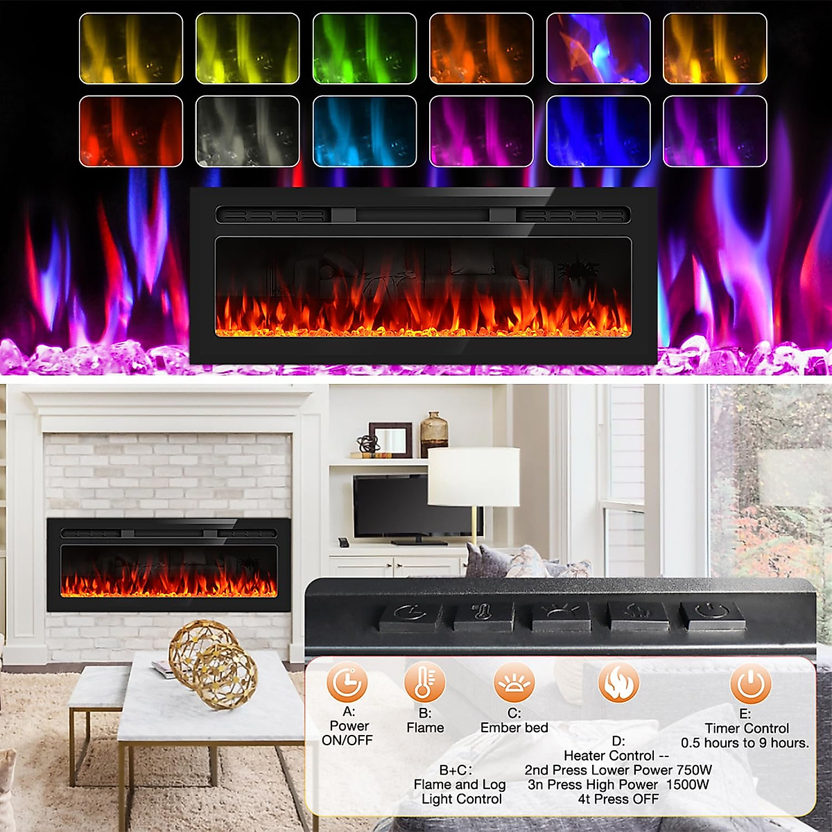 Upesitom 36" Electric Fireplace Mirrored Fireplace Heater Recessed & Wall Mounted Electric Fireplace Insert, LED Linear Fireplace with Flame Colors, Remote Control with Timer, 750/1500W