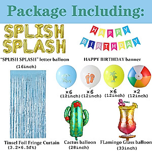 Splish Splash Birthday Bash Party Decorations HAPPY BIRTHDAY Banner Beach Ball Flamingo Cactus Balloons Hawaiian Luau Tropical Summer Pool Beach Birthday Party Decoration for Kids