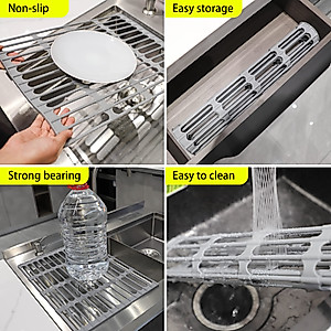 Upgraded Roll Up Dish Drying Rack (17.4''x13''),Multipurpose Over the Sink Dish Drying Rack Kitchen Dish Drainer,Silicone Wrapped Solid Stainless Steel Foldable Sink Rack,Kitchen Sink Accessories