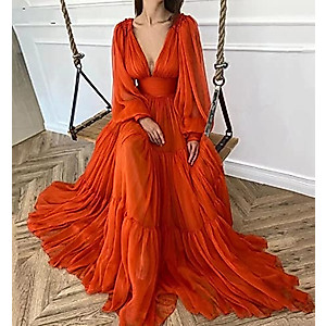 Women's Puffy Tulle Formal Evening Party Gowns Long Sleeve Princess Dress V Neck Ruched Prom Dresses White