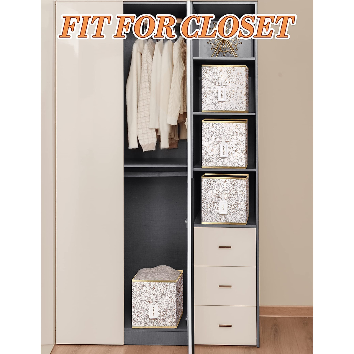 DAMAHOME Collapsible Storage Cube Bins - Fabric Cubby Organizer,Gold Flower Decorative Shelf Basket Dual Handles,11 Inch Metallic Box For Nursery/Home Office/Closet/Kids Room/4-Pack(Flower Gold)