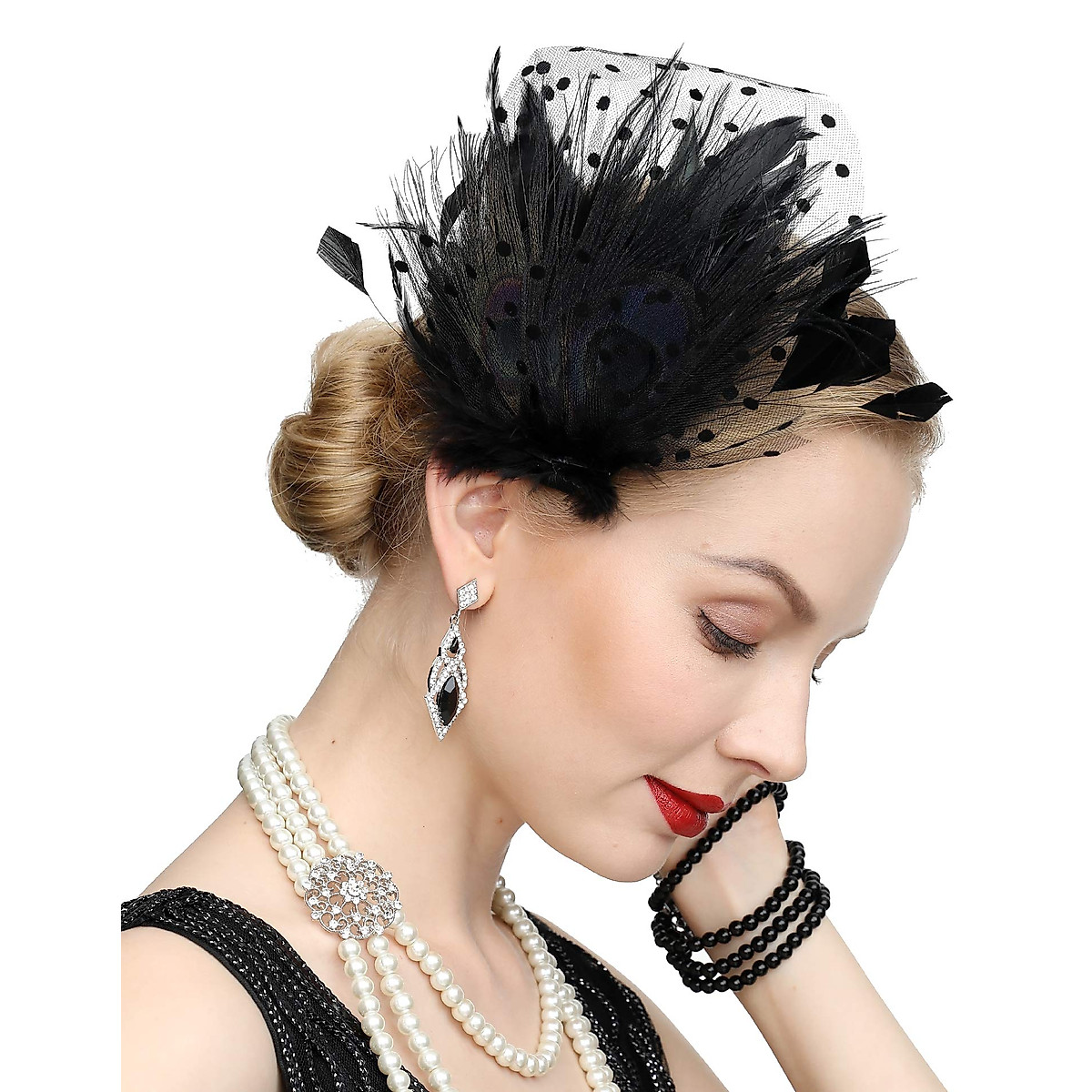 Cizoe Fascinators 20s Gatsby Flapper Acessories Art Deco Party Accessory Peacock Feather Headpiece(1A-Black)