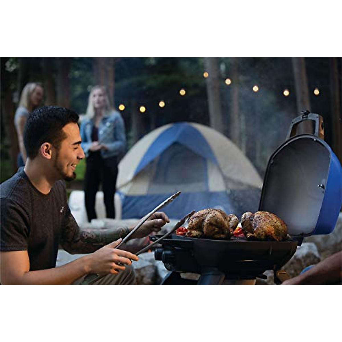 Napoleon TravelQ 285 Portable Gas BBQ Grill, Propane, Blue Lid - TQ285-BL-1 – Two Burners, Cast Iron Cooking Grids, Ideal for Camping & Tailgating