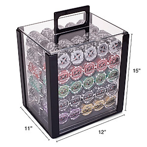 Brybelly Poker Chips 1000 Chips Set with Acrylic Case - Heavyweight 14g Poker Chips Set with 10 Removable Trays and 11" x 12" x 15" Portable Case - 8 Stripe Textured Inlay Casino Chips