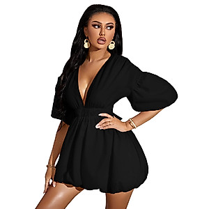 WDIRARA Women's Deep V Neck Puff Sleeve High Rise Flare Dress Elastic Waist Dress Black S