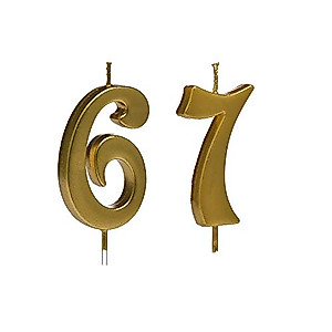 MMJJ Gold 67th Birthday Candles, Number 67 Cake Topper for Birthday Decorations