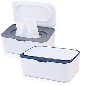 Beieverluck 2 Pack Baby Wipes Dispenser Wipe Holder with Lids Refillable Wipe Container Case for Bathroom Travel Wipe Holder Keeps Wipes Fresh (Grey and Blue)