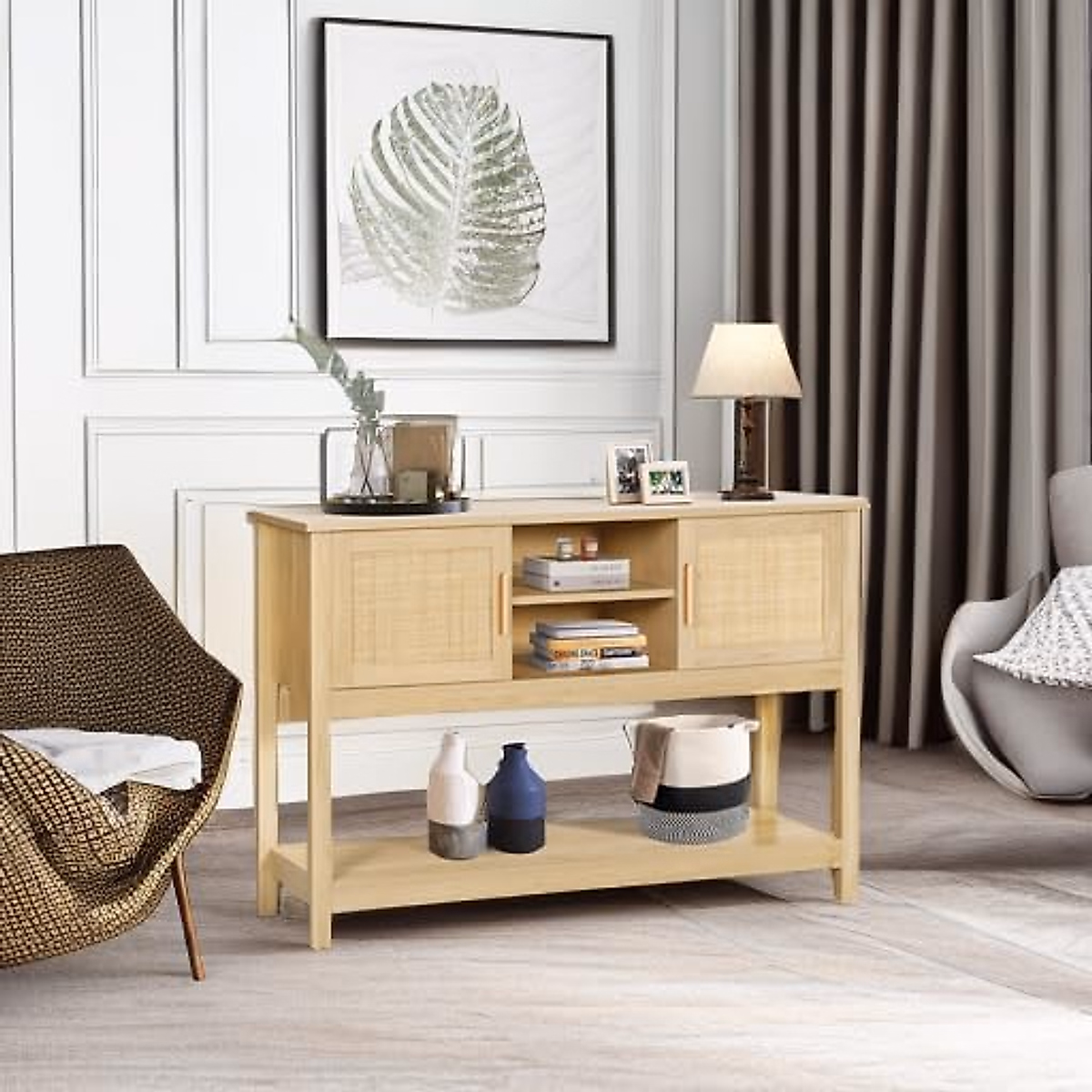 LAZZO Rattan Console Table 47" Narrow Entryway Table Sofa Table Behind Couch Table Coffee Bar with 2 Door Cabinets, 2 Drawers and Open Storage Shelf for Living Room, Foyer and Hallway Natural Wood