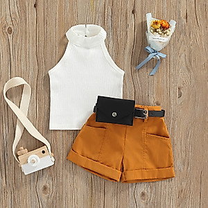 Toddler Girls Summer Outfits Sleeveless Rib Knit Halter Tops Shorts Bloomers Set Clothes (White, 3-4 Years)