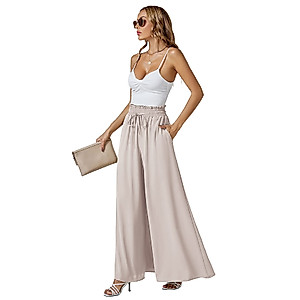 LYANER Women's Drawstring Elastic High Waisted Wide Leg Palazzo Pants Loose Casual Trousers Beige X-Large