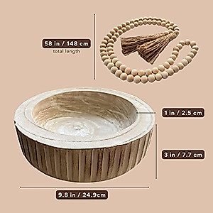 FJ Designs Decorative Bowl Set - Farmhouse Wooden Bowl, Beads Garland | Neutral Home Decor | Coffee Table Centerpiece | Key Bowl for Entryway | Boho | Rustic
