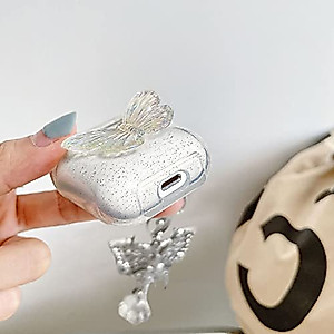 Newseego Compatible with Airpods 1&2 Case, [Cute 3D Clear Glitter Butterfly Design] Smooth Soft TPU Cover with Lovely Lucky Crystal Keychain Shockproof Protective Headphones Case for Girls Women