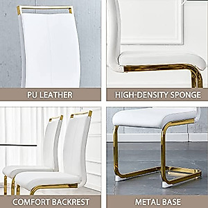 Luxurious Dining Table Set for 4, 63'' White Imitation Marble Tabletop with MDF U-Shaped Legs, Rectangle Glass Kitchen Table with 4 pcs White Leather Dining Chairs for Home Living Room