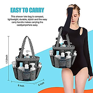 Ndeno Mesh Shower Caddy 8 Pockets Portable, Hanging Portable Toiletry Bag Tote for Men and Women, Quick Dry Bath Organizer Dorm Room Essentials for Beach, Camp, Travel (1pcs, Black Strips)