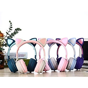 Wireless Bluetooth Kids Headphones, Damikan Cat Ear Bluetooth Over Ear Headphones, LED Lights, FM Radio, TF Card, Aux, Mic for iPhone/iPad/Kindle/Laptop/PC/TV (Purple)