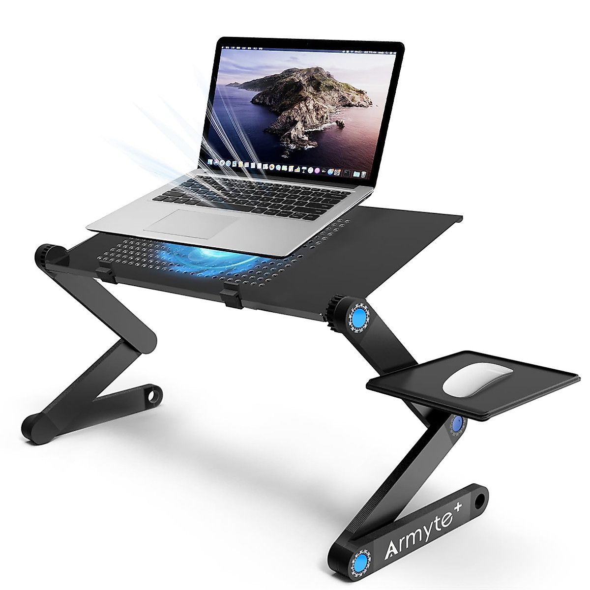 Extra Wide Adjustable Laptop Stand with Cooling Fan & Mouse Pad for 17 Inch Computer, Portable Ergonomic Lap Desk for Bed Sofa Couch Office (Aluminum Table Tray: 19", Black)