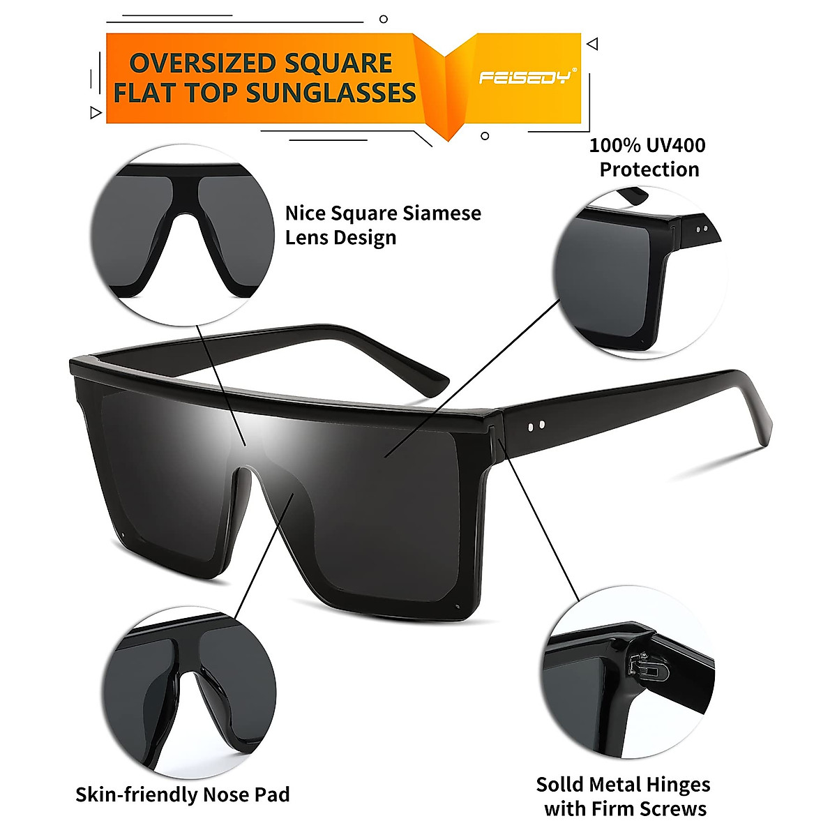 FEISEDY Oversized Sunglasses Mens Womens Flat Top Square Trendy Visor Shades UV400 B2470