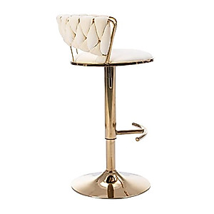 Kiztir Velvet Swivel Bar Stools Set of 2, Adjustable Counter Height Bar Chairs with Woven Back & Footrest, Luxury Gold Bar Stools for Kitchen Island, Cafe, Pub (Cream)