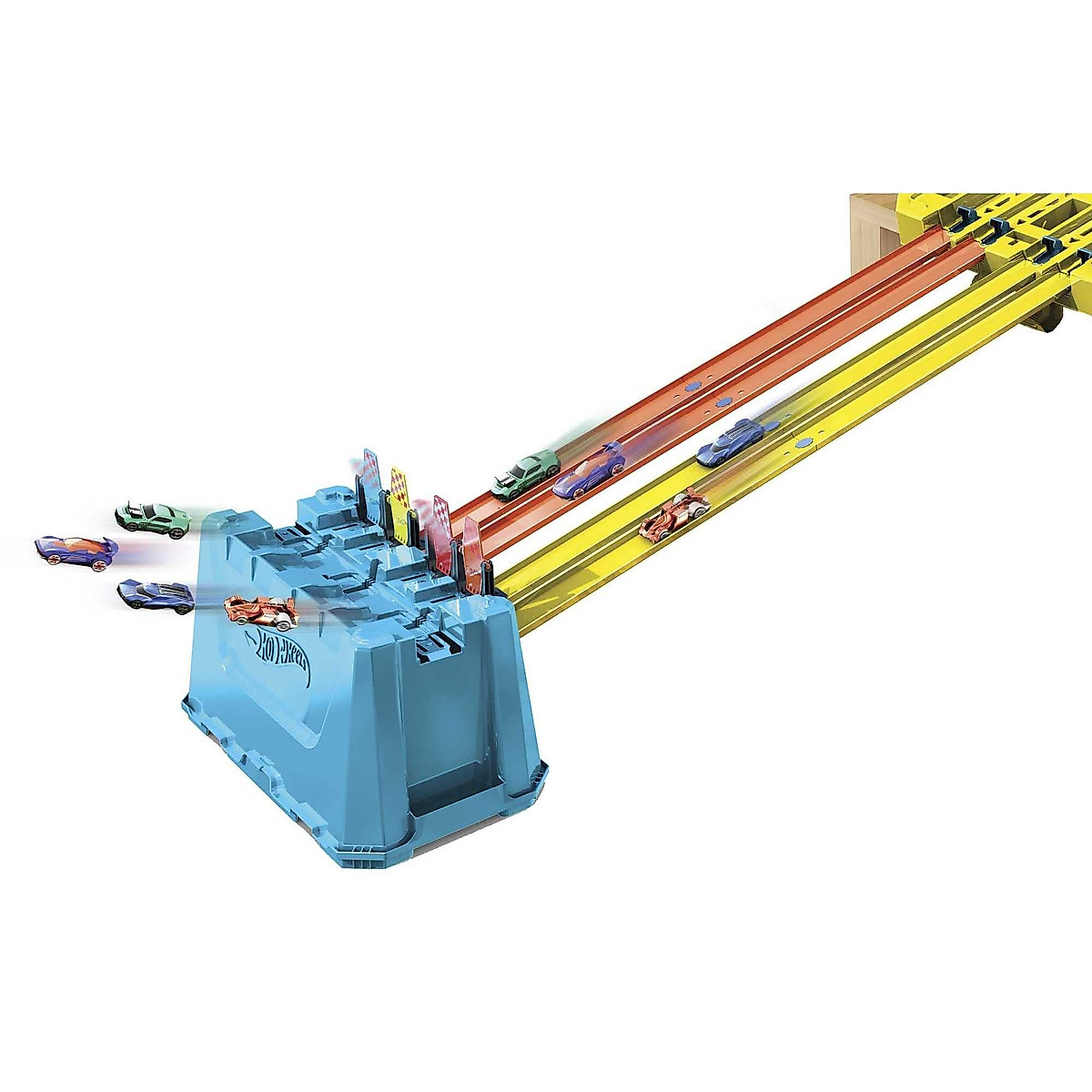 Hot Wheels Toy Car Track Builder Playset, Multi-Lane Speed Box, 18 Component Parts with Storage & 2 1:64 Scale Vehicles