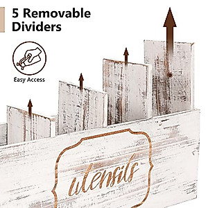 Yumkfoi Extra Large Utensil Holder with 4 Compartments, Wooden Farmhouse Utensil Organizer for Kitchen Counter, Rustic Cooking Utensil Holder Countertop Utensil Crock Spatula Holder (Distressed White)