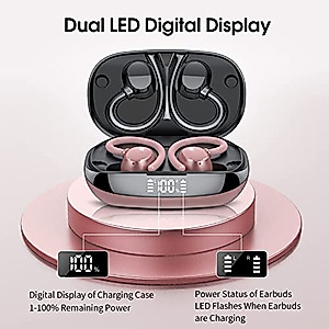 Wireless Earbuds, HiFi Stereo Sport Bluetooth 5.3 Headphones with Earhooks, 48H Deep Bass in-Ear Headphones with LED Display, Noise Cancelling, IP7 Waterproof Earphones Built-in Mic for Running (Rose)