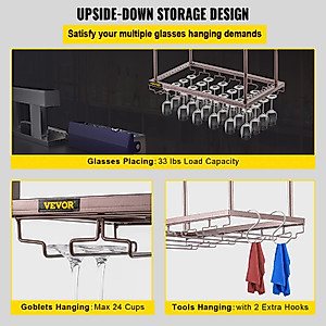 VEVOR Ceiling Wine Glass Rack, 23.6 x 13.8 inch Hanging Wine Glass Rack, 18.9-35.8 inch Height Adjustable Hanging Wine Rack Cabinet, Coppery Wall-Mounted Wine Glass Rack Perfect for Bar Cafe Kitchen