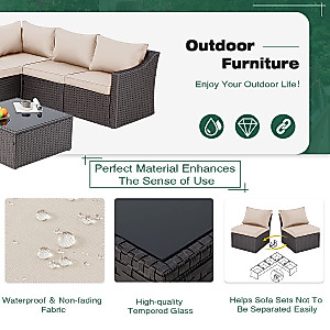 EROMMY 7 Pieces Outdoor Patio Furniture Set, Sectional PE Rattan Conversation Set, Sofa Set with Glass Table, Cushions and Pillows, Patio Sofa for Garden, Lawn, Balcony