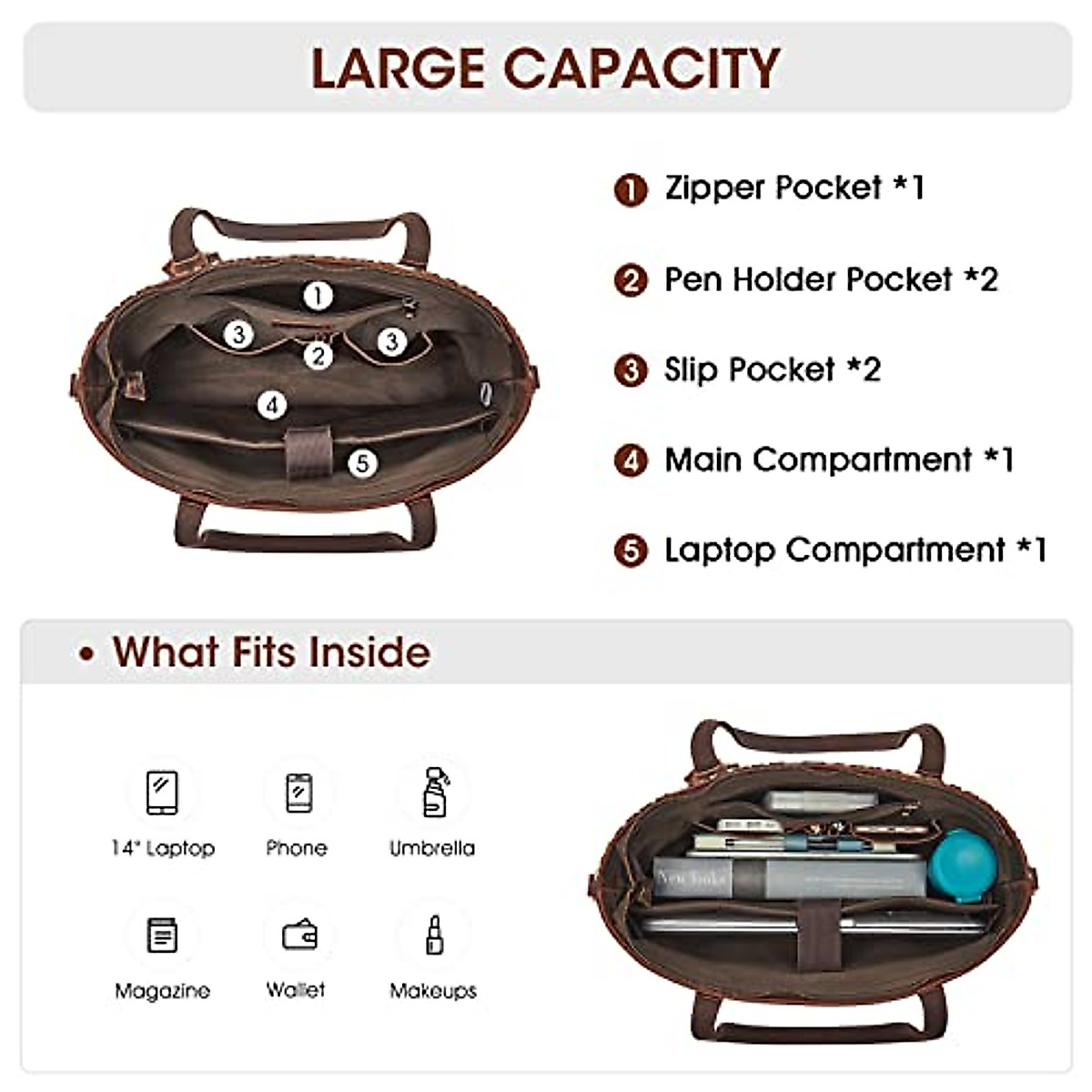 Kattee Women Genuine Leather Tote Bags Purses and Handbags Shoulder Vintage Crossbody Work (Dark Brown)