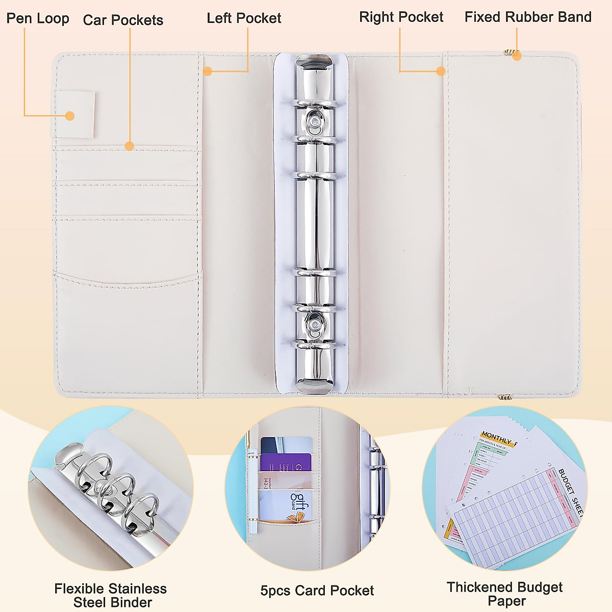 Bienbee Budget Binder, A6 Binder with Zipper Envelopes Money Organizer for Cash Budget Planner with Cash Envelopes for Saving for Girls Women, Golden Sun Moon