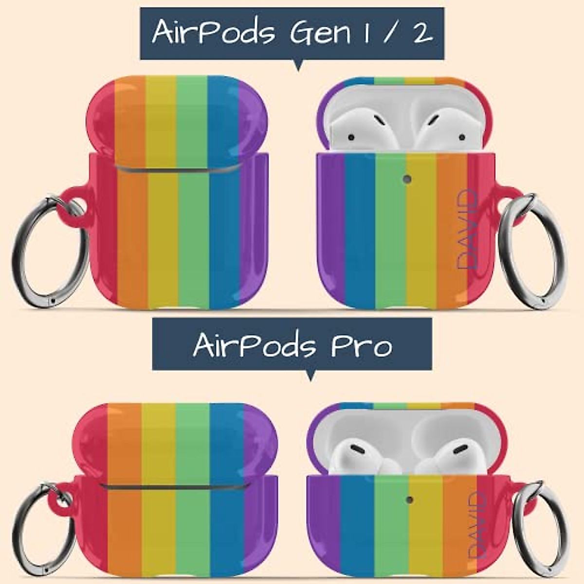 Artisticases Custom LGBTQ Rainbow Pride Flag Gay Case Designed for AirPods Gen 1 & 2 / AirPods Pro Case, Cute Personalized Name Hard Cover with Free Keychain