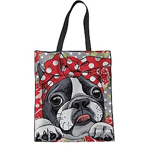 HUGS IDEA Floral Boston Terrier Linen Tote Bag Teen Girl Travel Beach Multifunction Shoulder Bag
