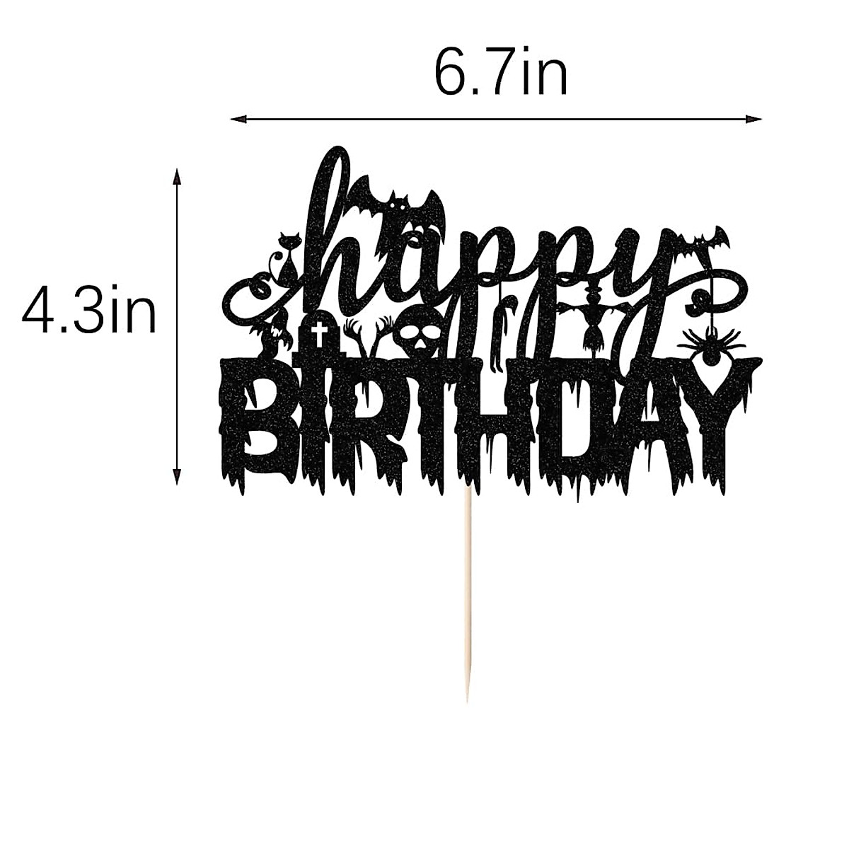 Black Glittery Halloween Happy Birthday Cake Topper Halloween Birthday Cake Picks with Bat Ghost Spider Signs Halloween Boys Girls Birthday Baby Shower Party Cake Supplies Decorations (1)