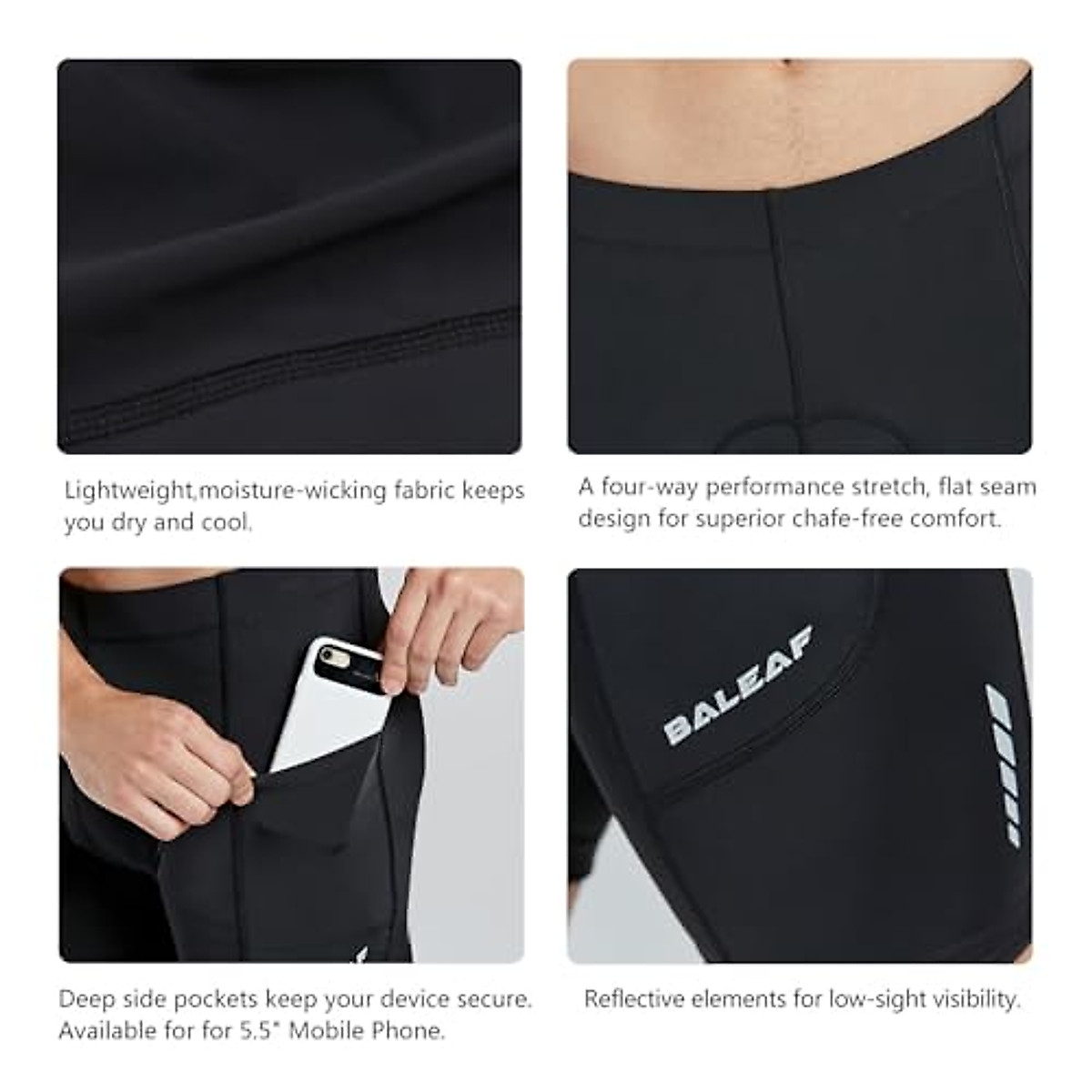 BALEAF Padded Bike Shorts for Men Cycling Shorts Padding Pockets UPF 50+ Black M