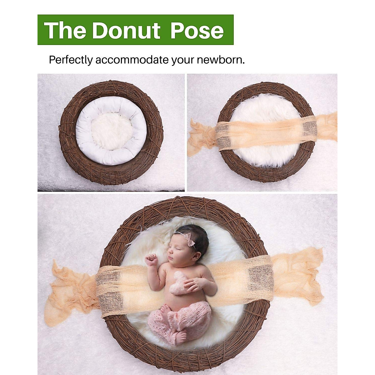 Sunmig 4 PC Newborn Baby Photography Wheat Donut Posing Pillow Basket Filler Baby Photo Prop White